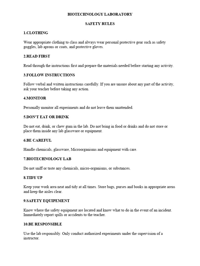 Biotechnology Laboratory Safety Rules | PDF