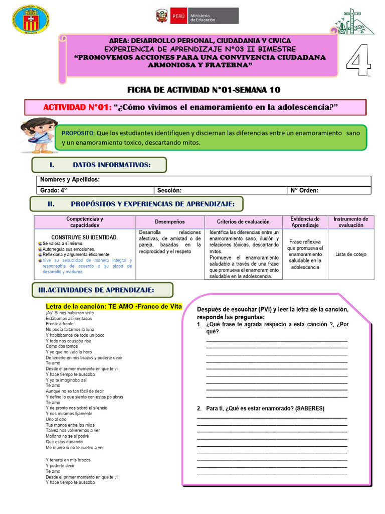 Semana 10-4° Ficha de Aprendizaje 1 - Dpcc4°-Ii Bimes-3eda-Im 2024 ...