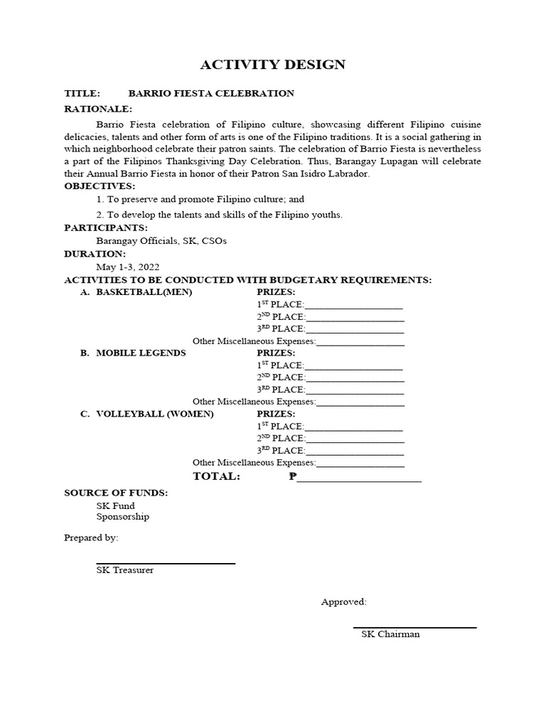 Activity Design SK Barrio Fiesta Celebration | PDF | Finance & Money ...