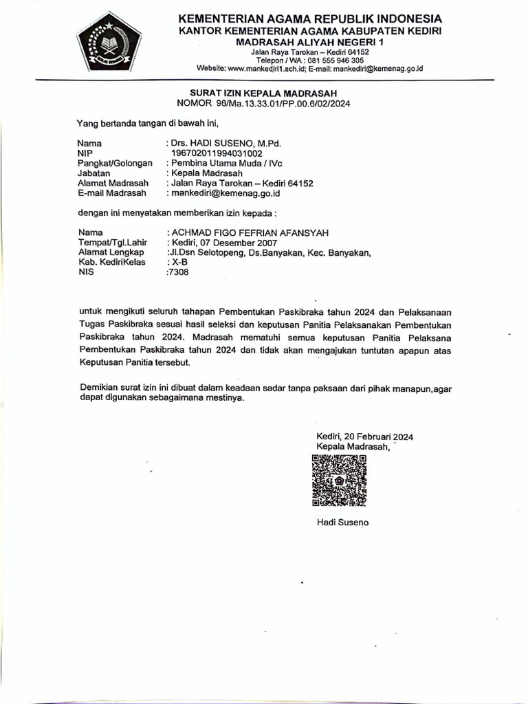 Surat Izin Kepala Madrasah | PDF