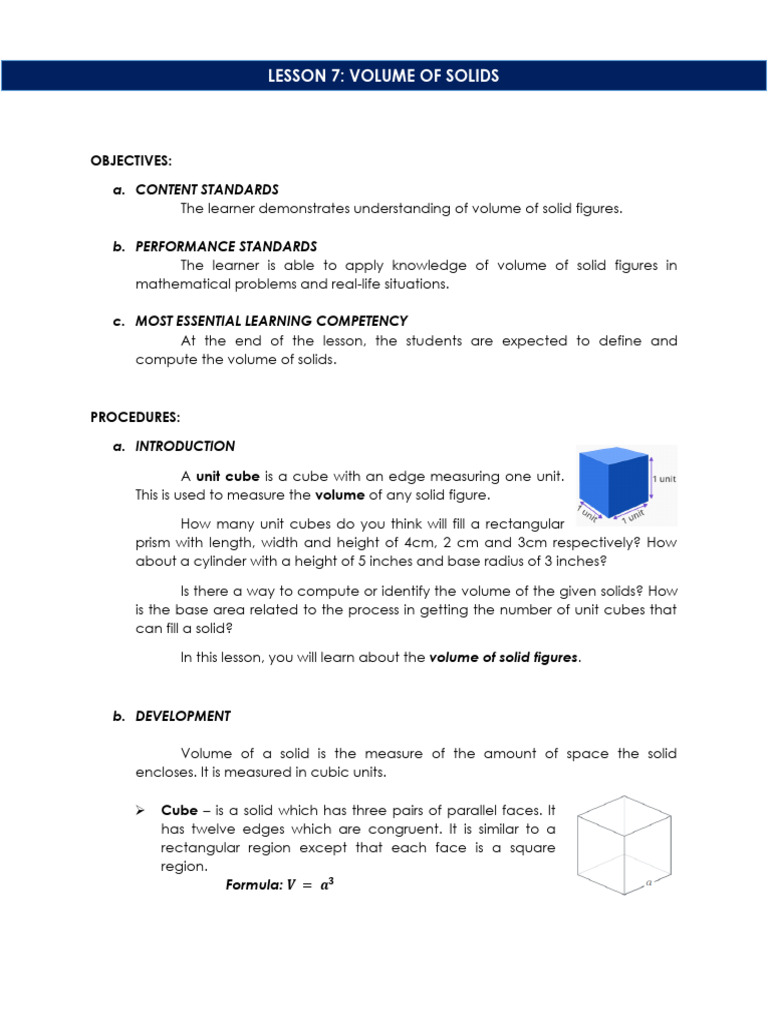 Q4 Lesson 7 Volume of Solids | PDF | Volume | Area