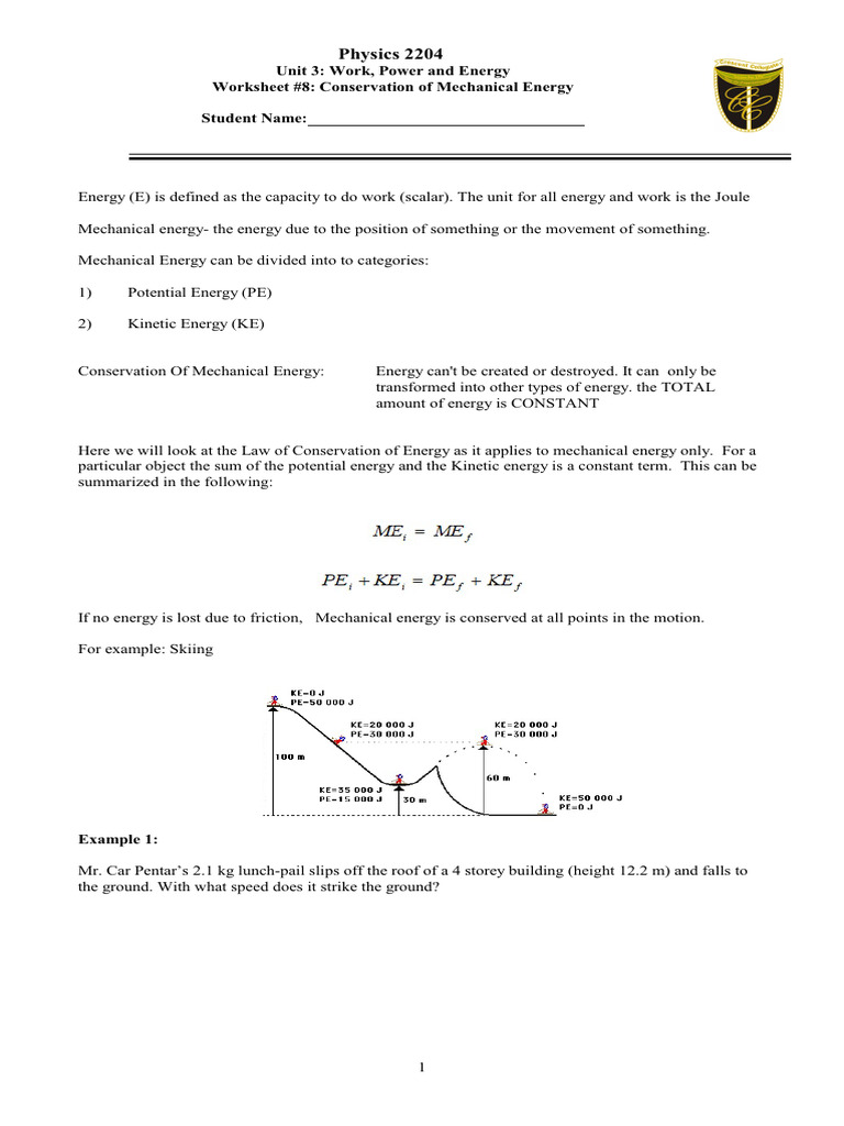 Physics 2204 Worksheet 8 Conservation of Mechanical Energy 2018 ...