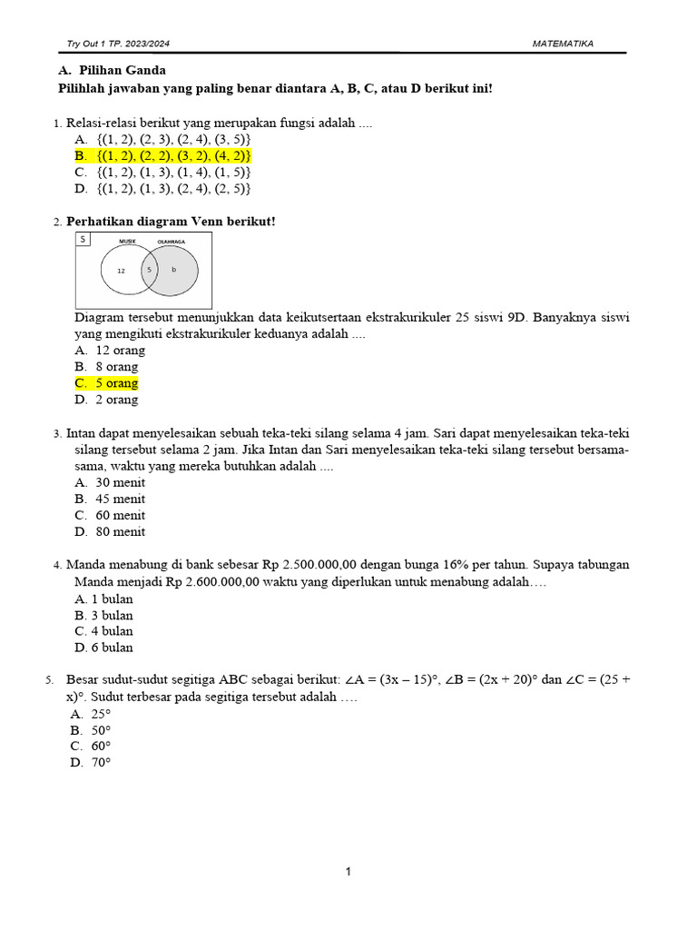 Try Out 1 Matematika-2024 | PDF