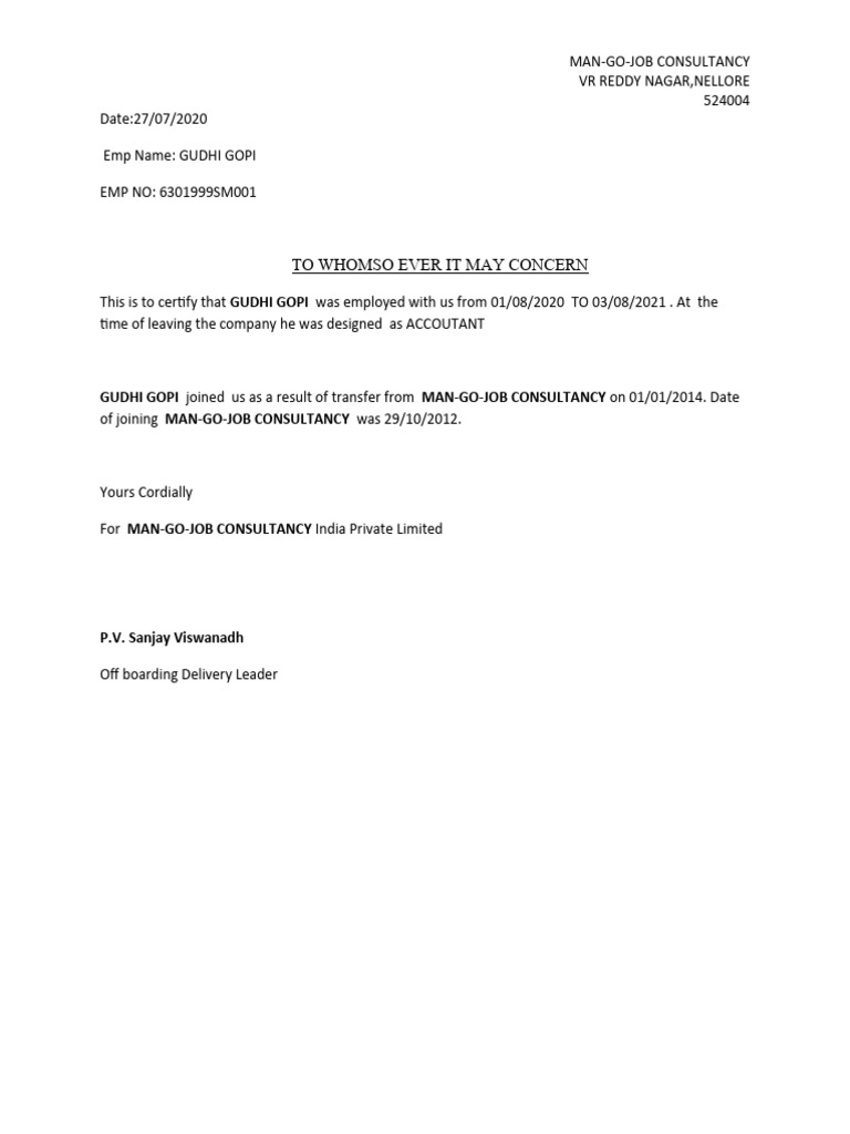 Gopi Exp Letter | PDF