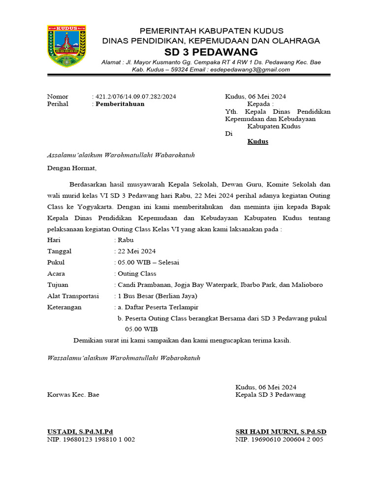 Surat Izin Dinas Outing Class | PDF
