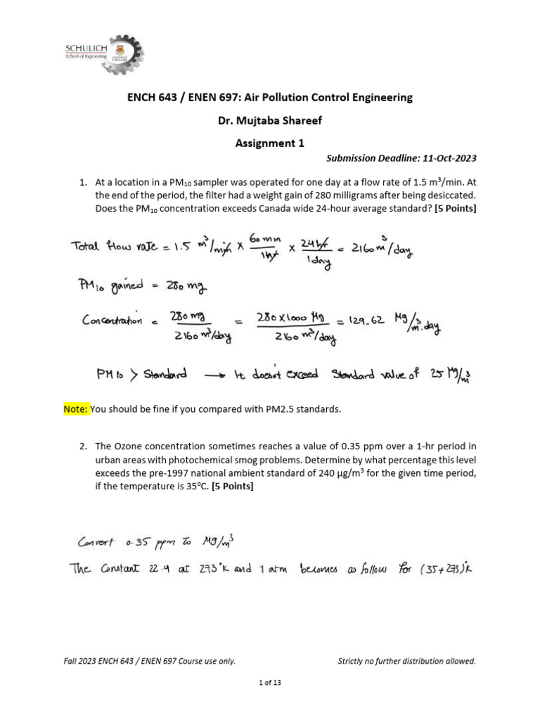 Fall 2023 ENCH 643 ENEN 697 - Assignment 1 - Solutions - A | PDF | N Ox | Ozone