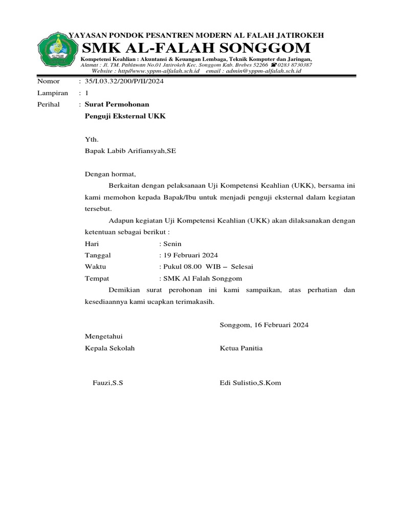 Surat Permohonan Penguji Eksternal UKK | PDF