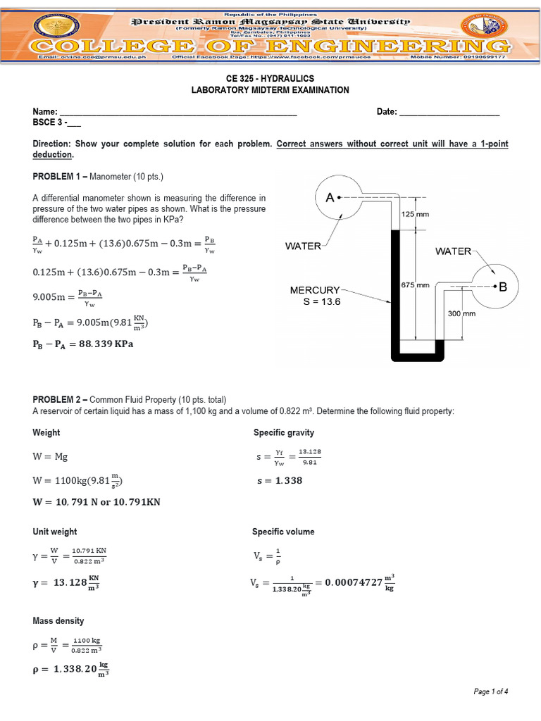 CE 325 Midterm Lab Exam Answer Key | PDF | Buoyancy | Pressure