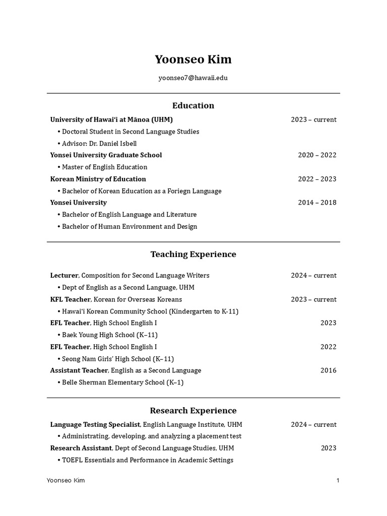 Yoonseo Kim CV May 15 2024 | PDF | English As A Second Or Foreign ...