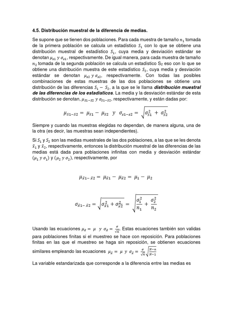 4.5 Distribución Muestral de La Diferencia de Medias AMB EJERCICIO | PDF | Muestreo ...