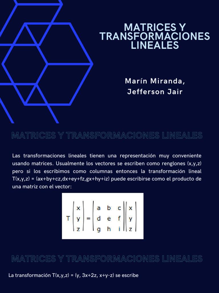 Matrices y Transformaciones Lineales (Expo) | PDF | Matriz (Matemáticas) | Determinante