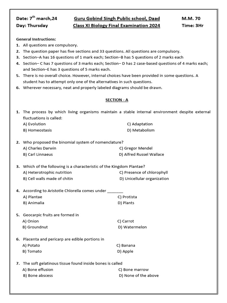 11 Class Final Exam 24 | PDF | Biology