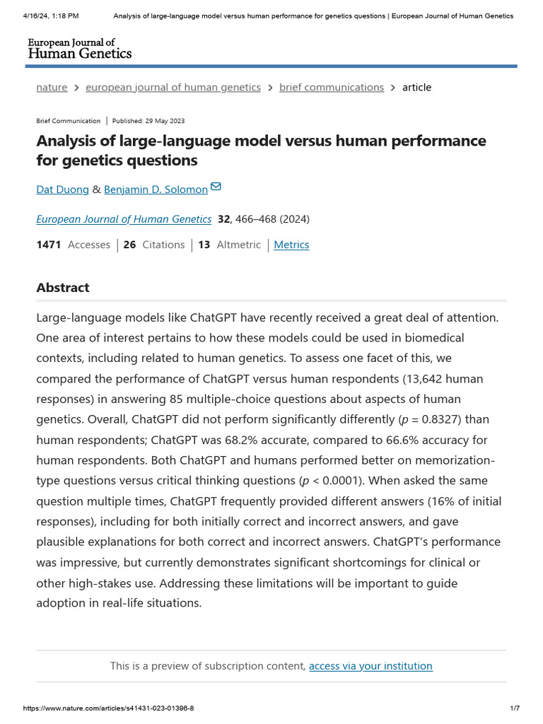 Analysis of Large-Language Model Versus Human Performance For Genetics ...