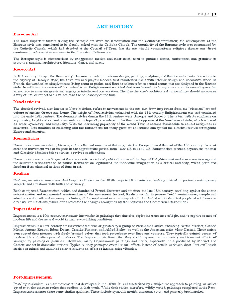 Notes. European Art History | PDF | Impressionism | Baroque