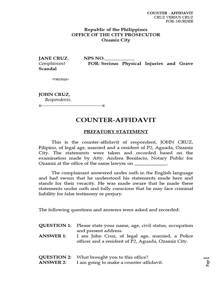 Counter-Affidavit: Cruz v. Cruz Case | PDF | Affidavit | Perjury