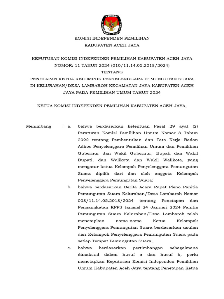FORMAT KEPUTUSAN KETUA KPPS V | PDF