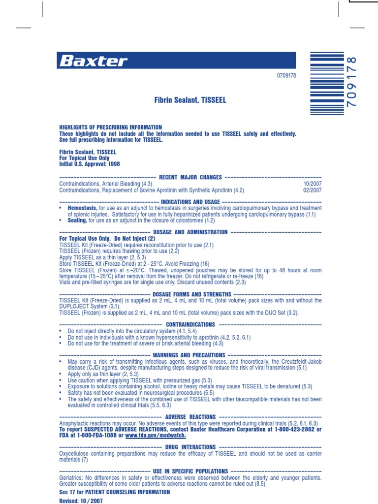 Tisseel Package Insert | PDF | Adverse Effect | Hemostasis
