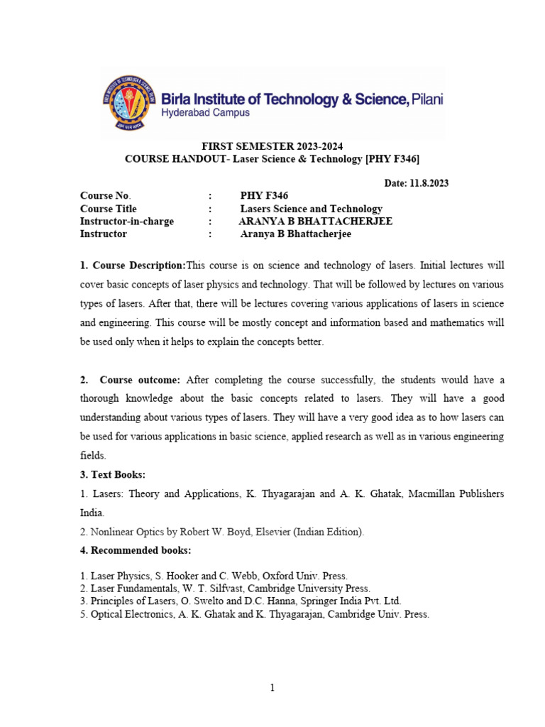 PHY F346 Lasers | PDF | Laser | Science