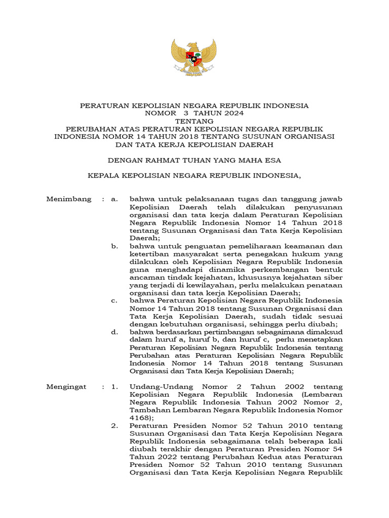 1 Perpol 3 TH 2024 TTG Perubahan Sotk Polda | PDF