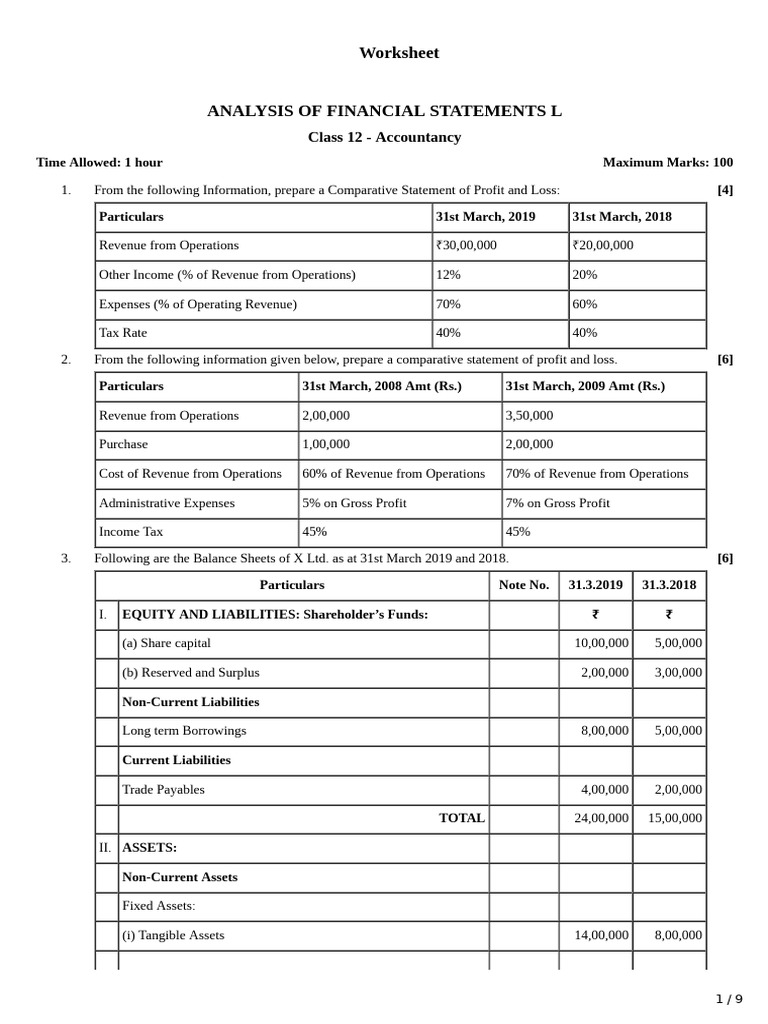 Class 12 Accountancy: Financial Statement Analysis Worksheet | PDF ...