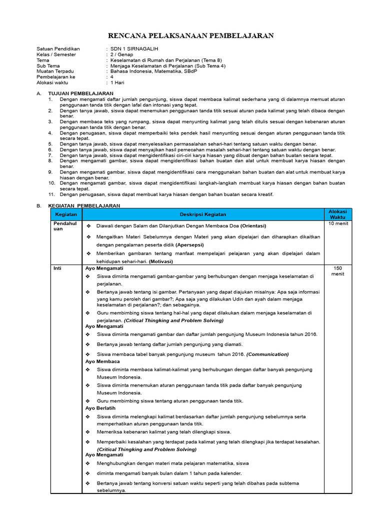RPP 1 PKM Kelas 2 Bindo, MTK, SBDP | PDF | Karier & Perkembangan