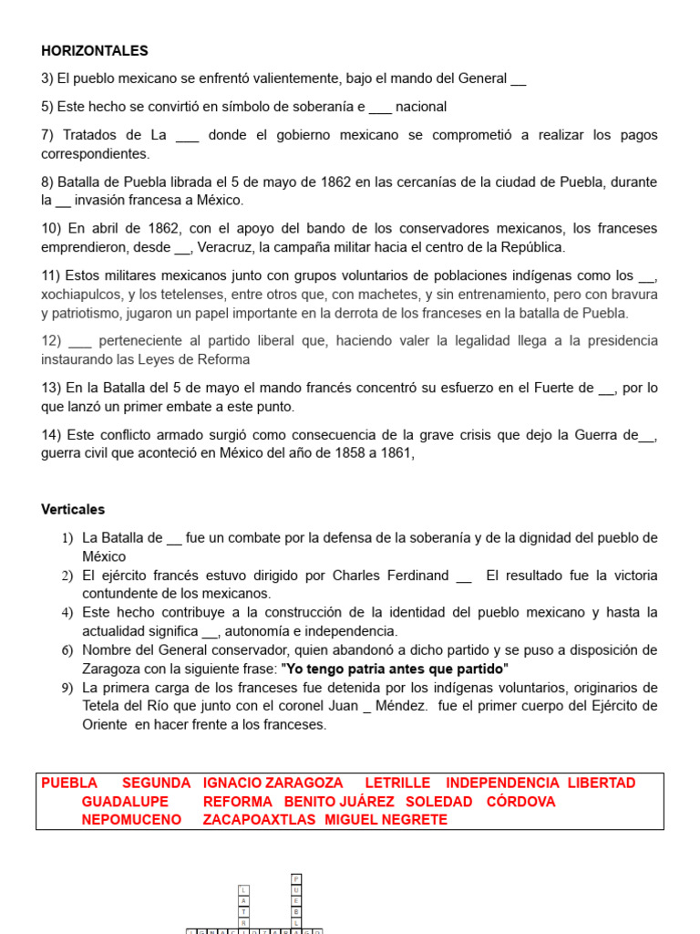 Crucigrama Batalla de Puebla | PDF