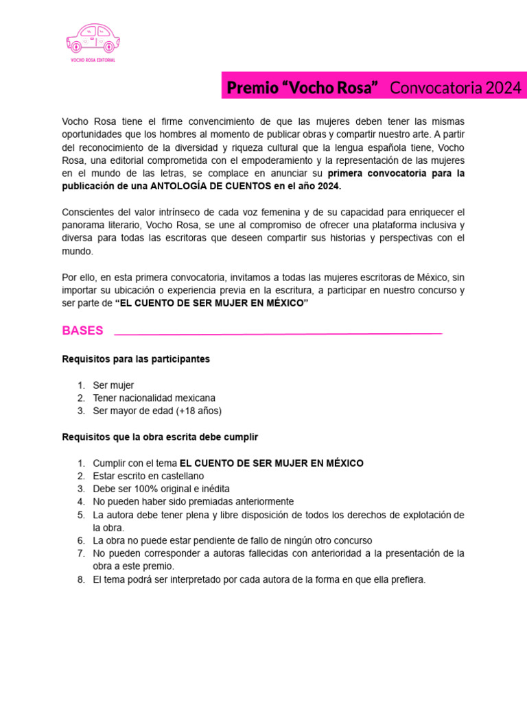 Convocatoria Primer Concurso Editorial Cuento - Vocho Rosa | PDF ...