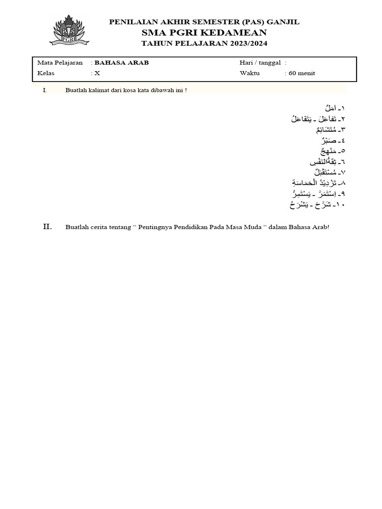 Soal Pas Ganjil B.arab Kelas Xii 2023-2024 | PDF