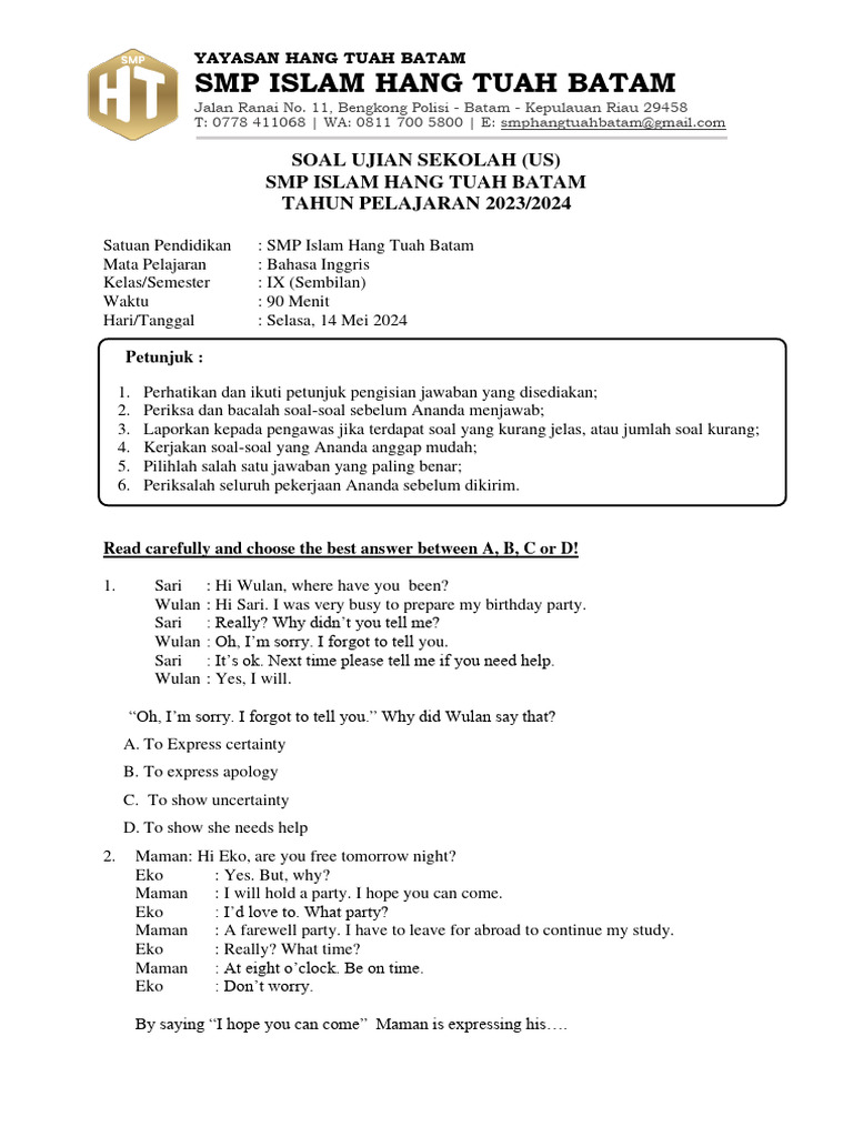 Soal US Kelas IX Bahasa Inggris TP. 23-24 | PDF | Earthquakes
