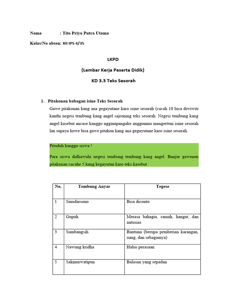 LKPD KD 3.3 Teks Sesorah Tito Priyo Putra Utama | PDF