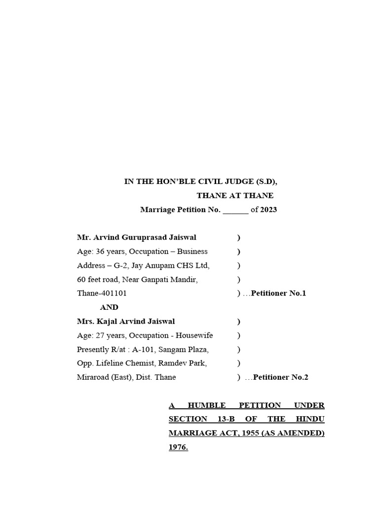 Mutual Divorce Petition of (Kajal Jaiswal & Arvind Jaiswal) | PDF | Marriage | Divorce