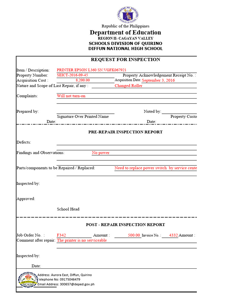 Pre Repair Inspection Report | PDF | Printer (Computing) | Office Equipment