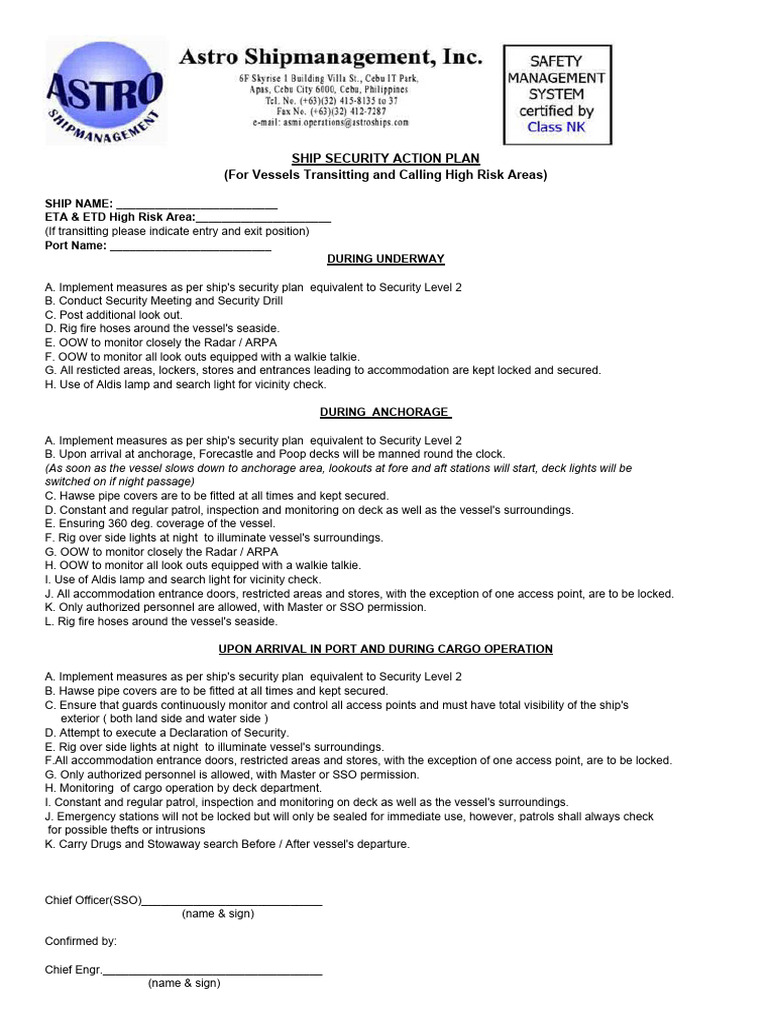 Ship Security Action Plan for High Risk Areas | PDF | Shipping | Ships