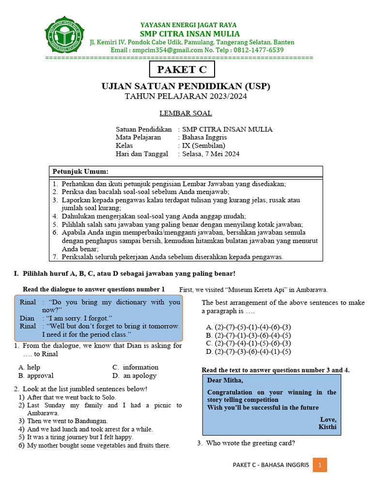 USP Bahasa Inggris SMP Citra Insan Mulia | PDF | Earthquakes