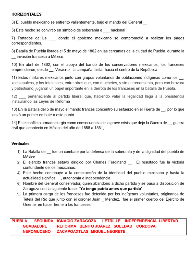 Crucigrama sobre la Batalla de Puebla | PDF