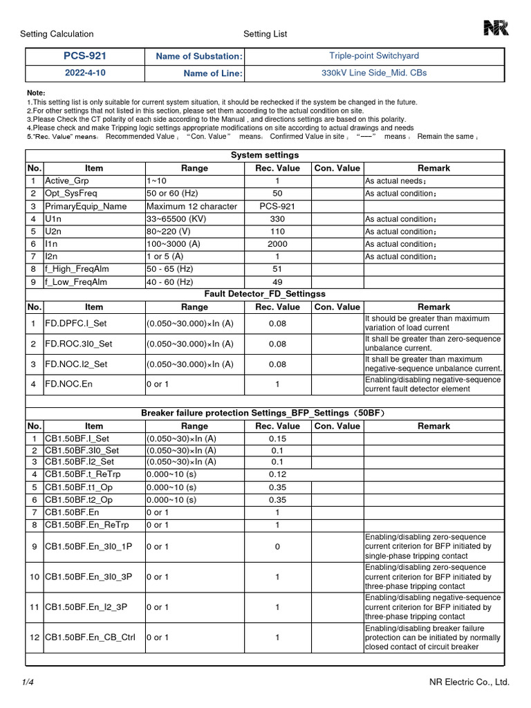 PCS-921 Setting List en GE1900027 330kV Line Side Mid. CB Triple-Point ...