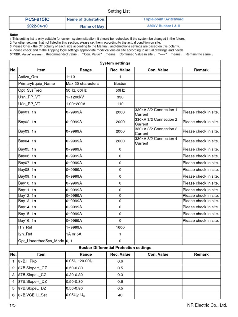 PCS-915IC - Setting List - EN - GE1900027 - Triple-Point 330kV Busbar - R1.01 | PDF | Electrical ...