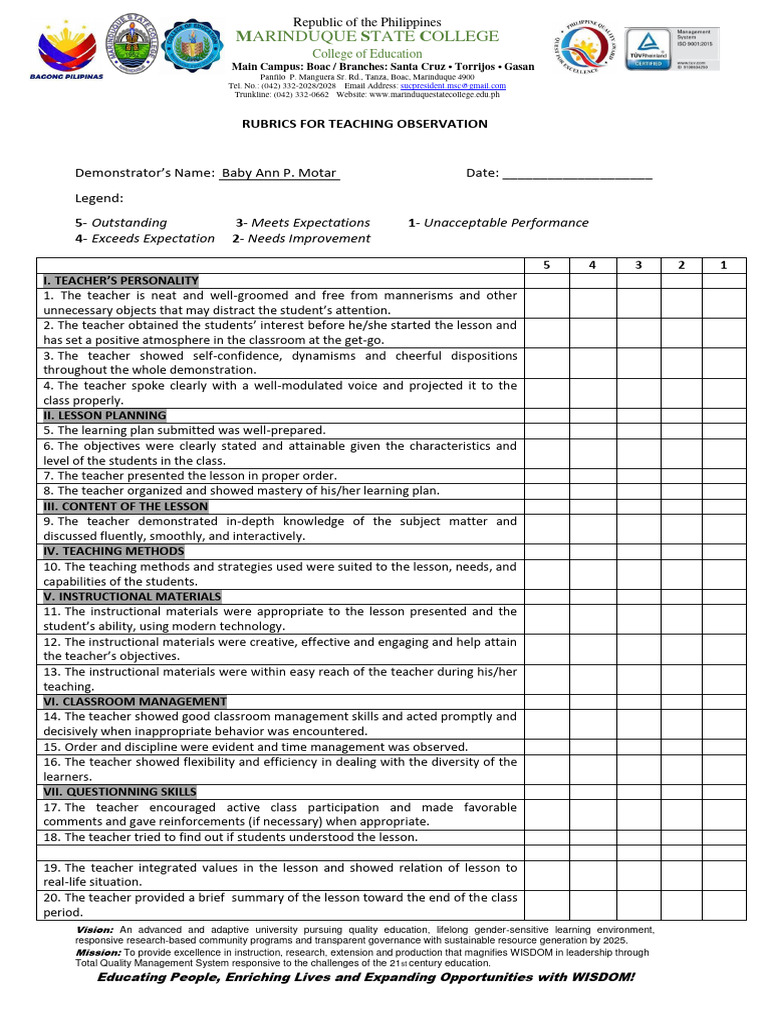 Teaching Observation Rubrics Guide | PDF | Teachers | Classroom Management