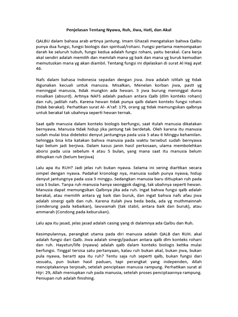 Penjelasan Tentang Nyawa Ruh Jiwa Qalb Jasad Dan Akal | PDF