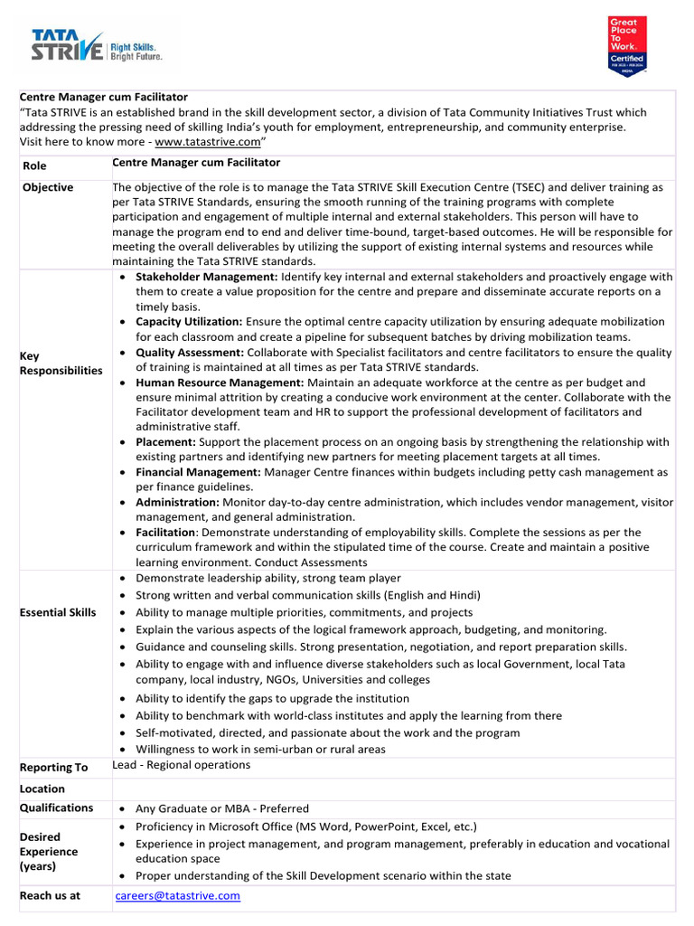 Tata Strive - JD | PDF | Human Resource Management | Business