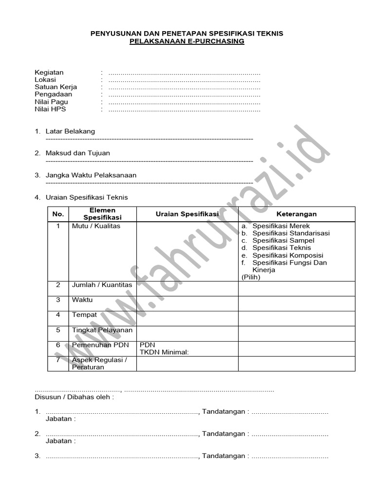 Contoh Format Penetapan Spesifikasi Teknis E-Purchasing | PDF