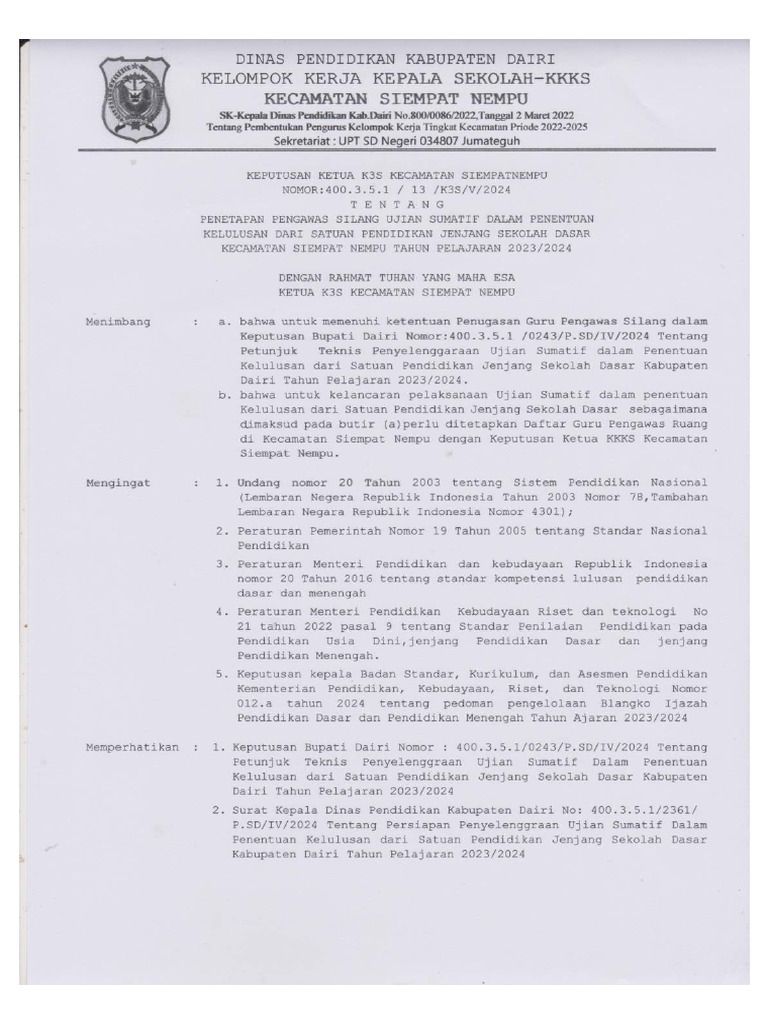 SK Pengawas Silang Kec. Siempatnempu | PDF