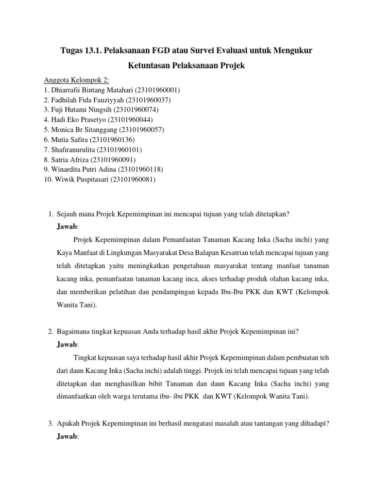Tugas 13.1. Pelaksanaan FGD atau Survey Evaluasi untuk Mengukur ...