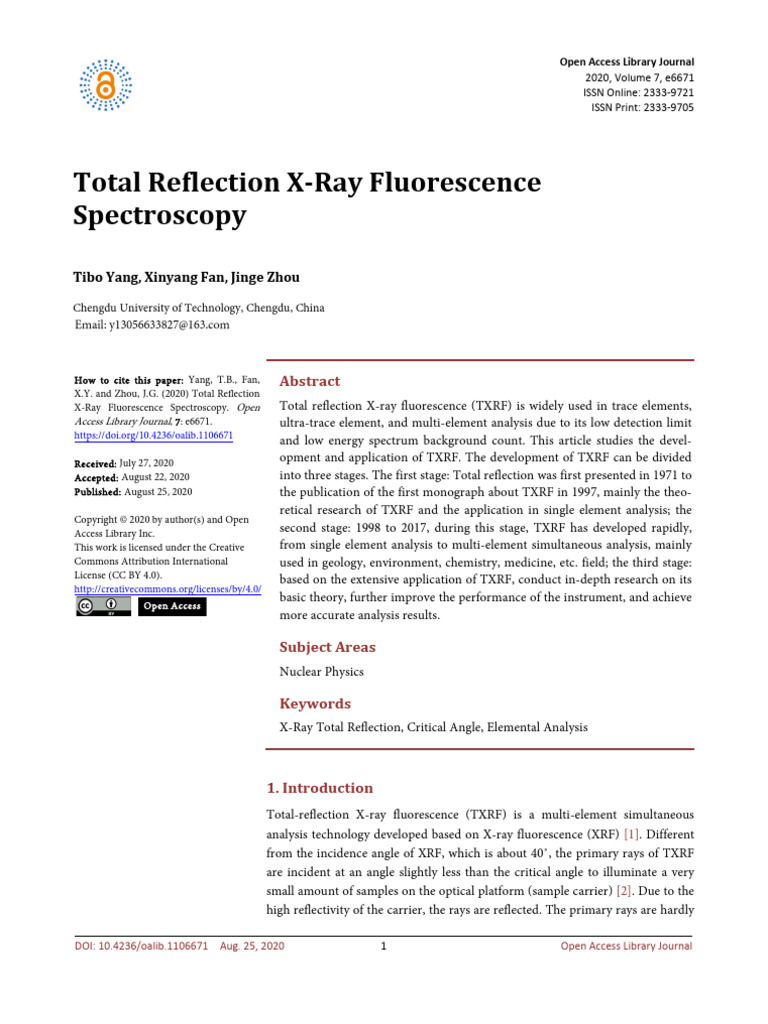 Total Reflection X-Ray Fluorescence Spectros | PDF | Spectroscopy | Reflection (Physics)