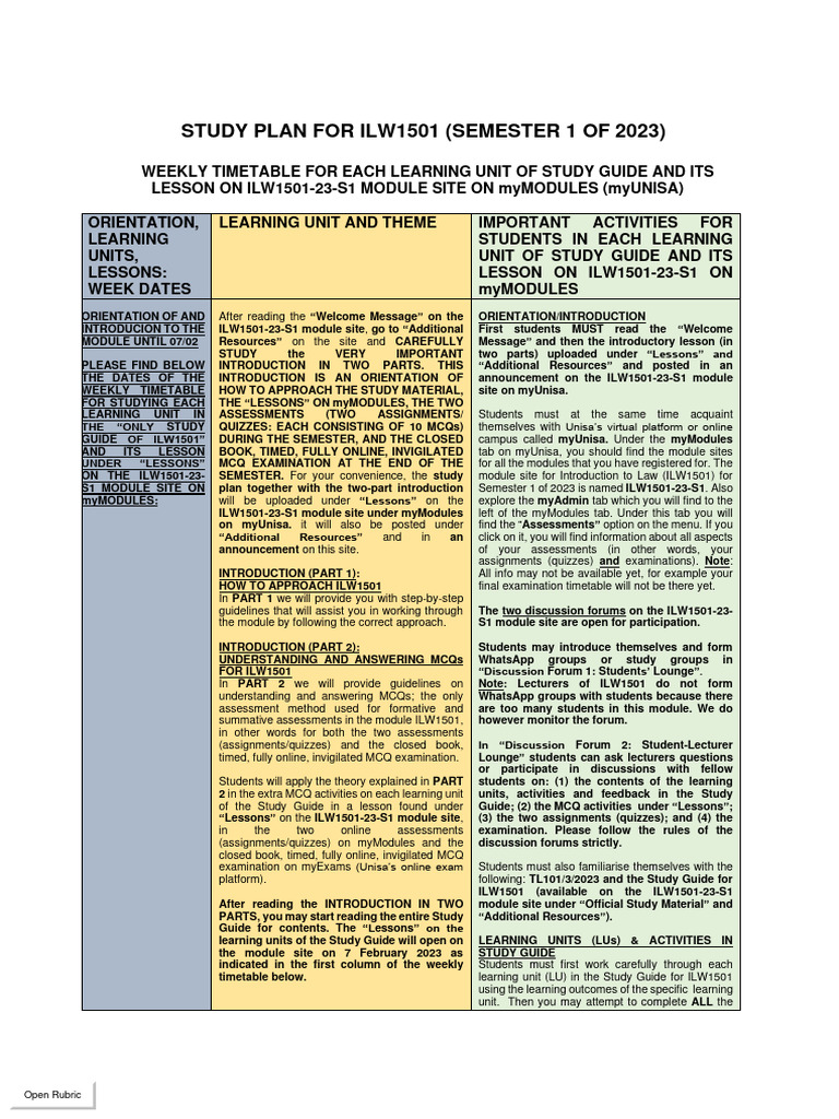 ILW1501 - Study Plan For ILW1501 - S1 of 2023 | PDF | Multiple Choice ...