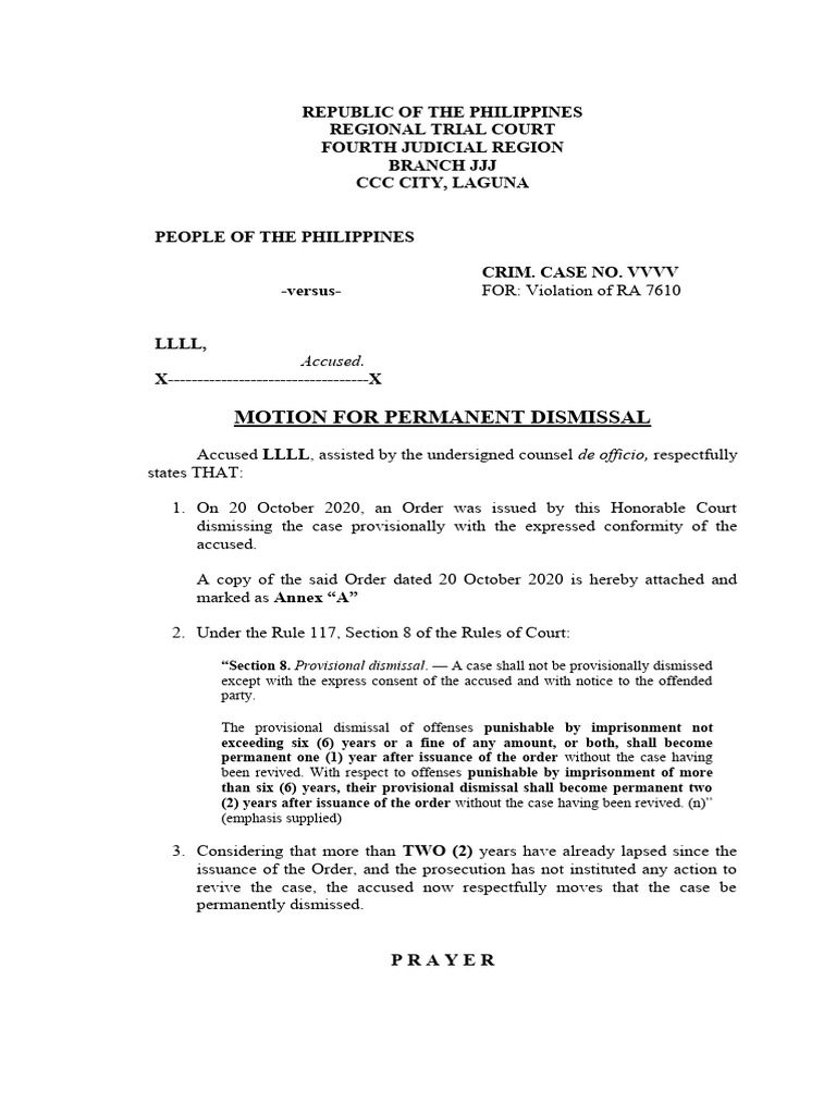 Motion for Permanent Dismissal of Case | PDF | Government Institutions ...