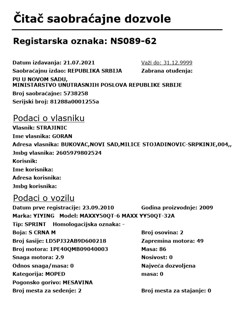Saobraćajna Dozvola Registarske Oznake NS089-62 | PDF