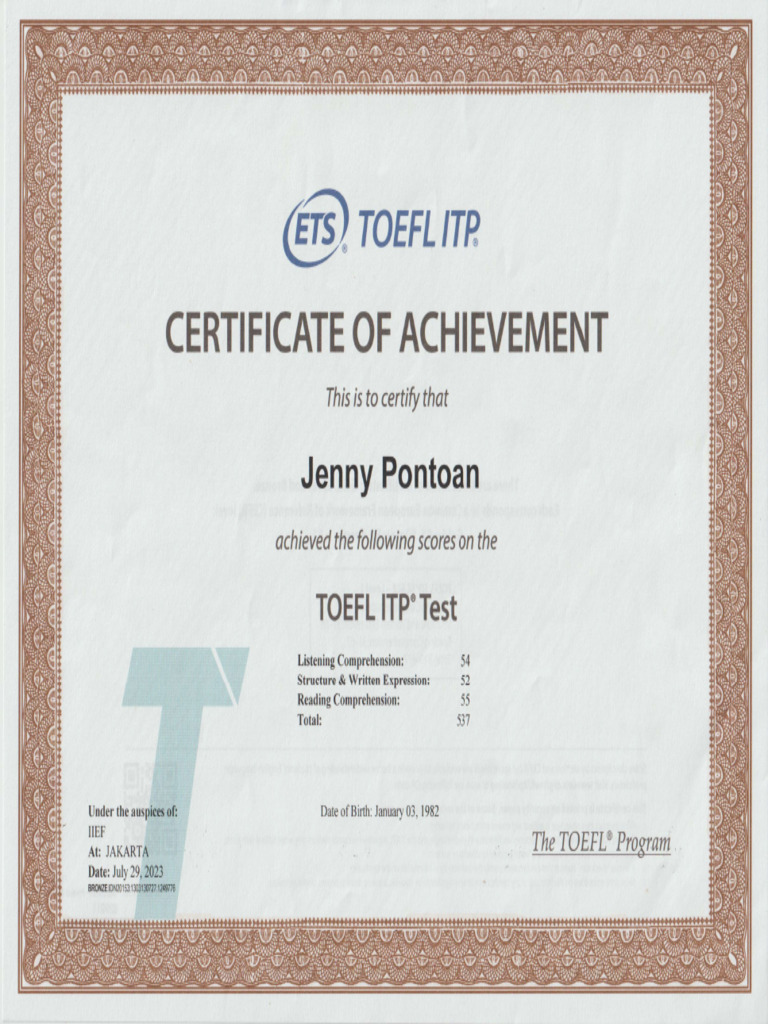 Sertifikat TOEFL Jenny | PDF