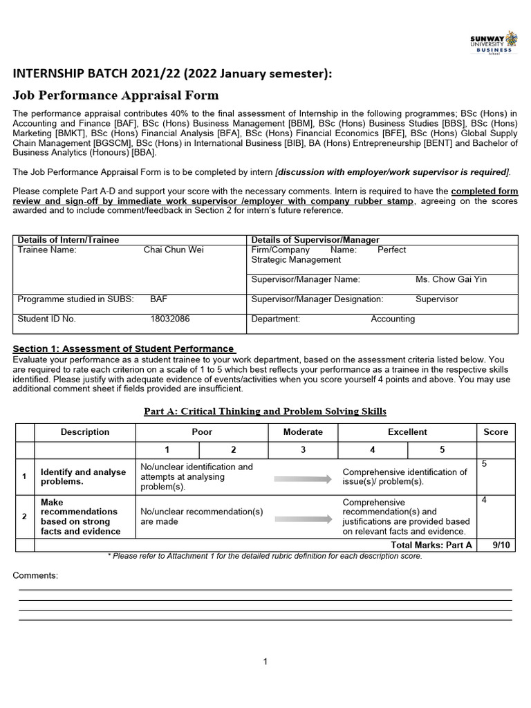 Internship Performance Appraisal 2021/22 | PDF | Nonverbal Communication | Critical Thinking