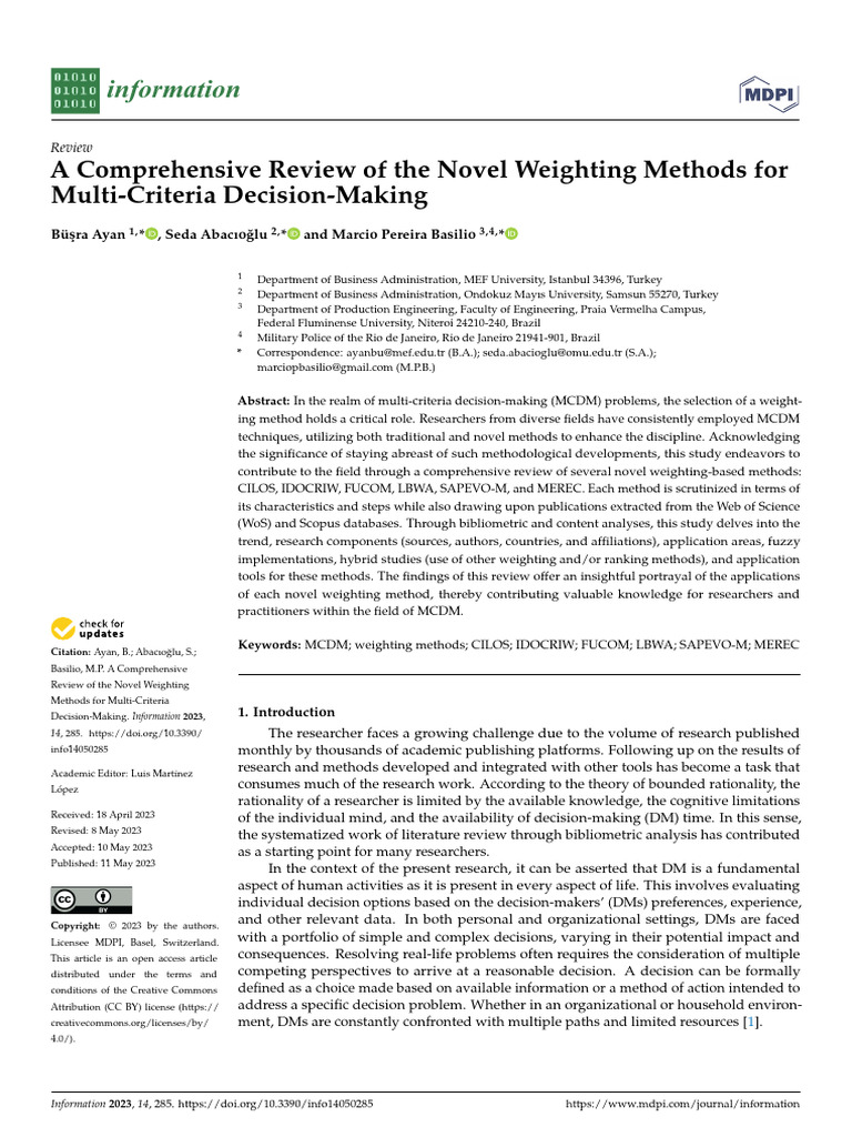 A Comprehensive Review of The Novel Weighting Methods For Multi Criteria Decision Making | PDF ...